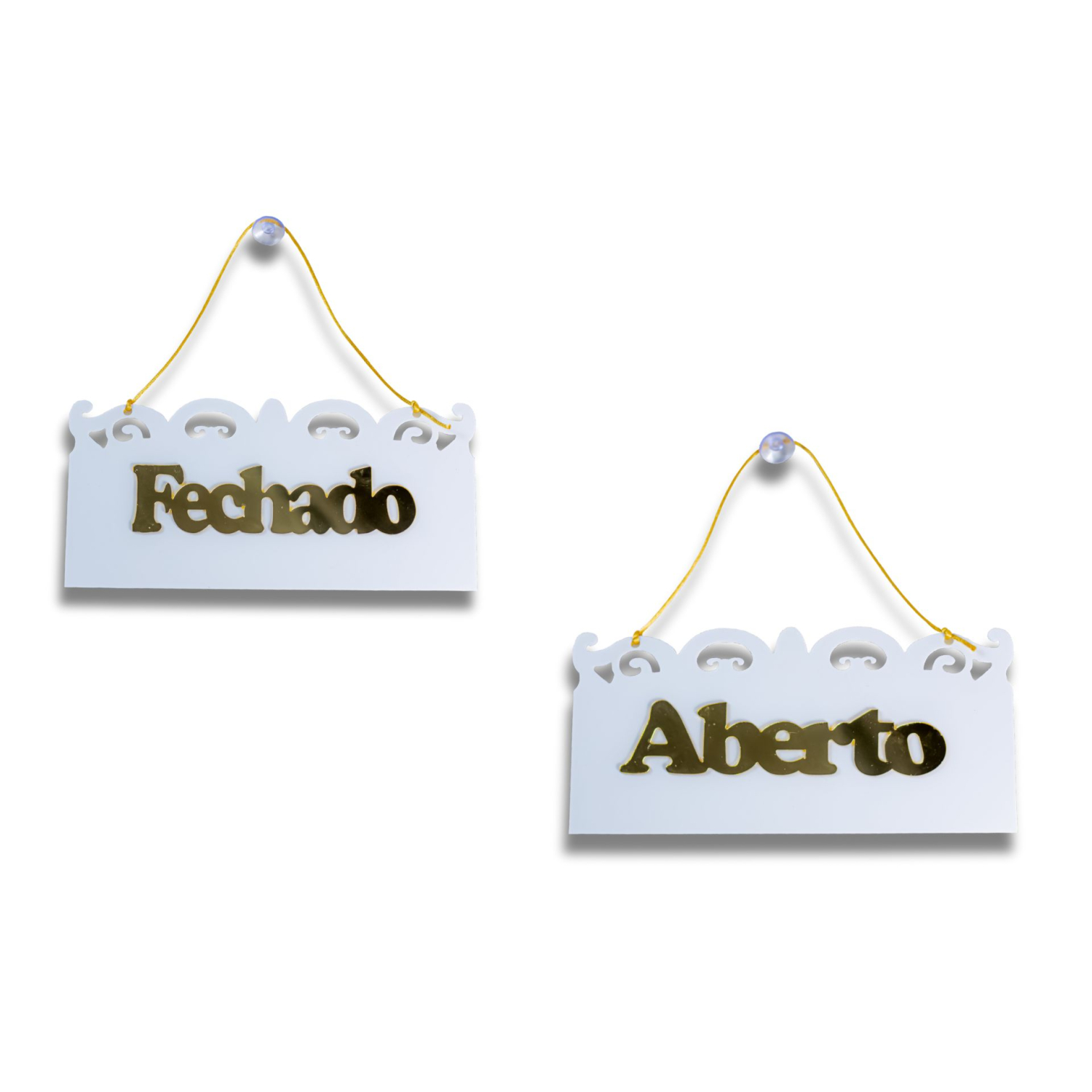 Placa Aberto e Fechado Vintage Para lojas em Acrílico - Branco com Dourado